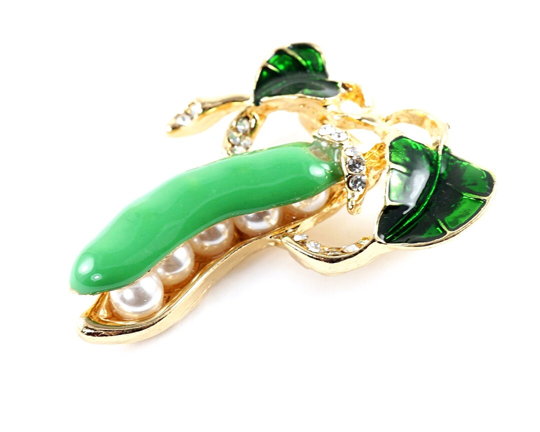 Green Pea Pod Brooch Pin, Antique Gold Brooch, 5 White Pearls, Green ...