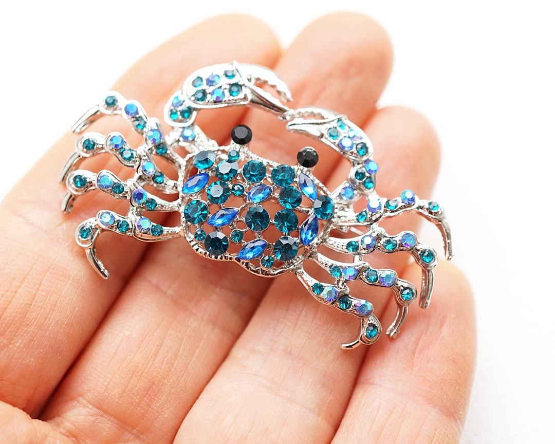 Blue Crab Brooch, Small Silver Crab Pin, Tiny Rhinestone Pin, Marine ...