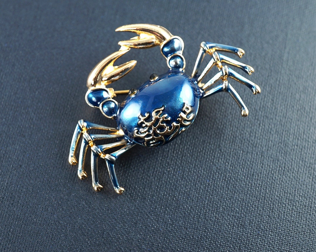 Blue Crab Brooch, Small Gold Crab Pin, Marine Ocean Beach Shawl Scarf ...