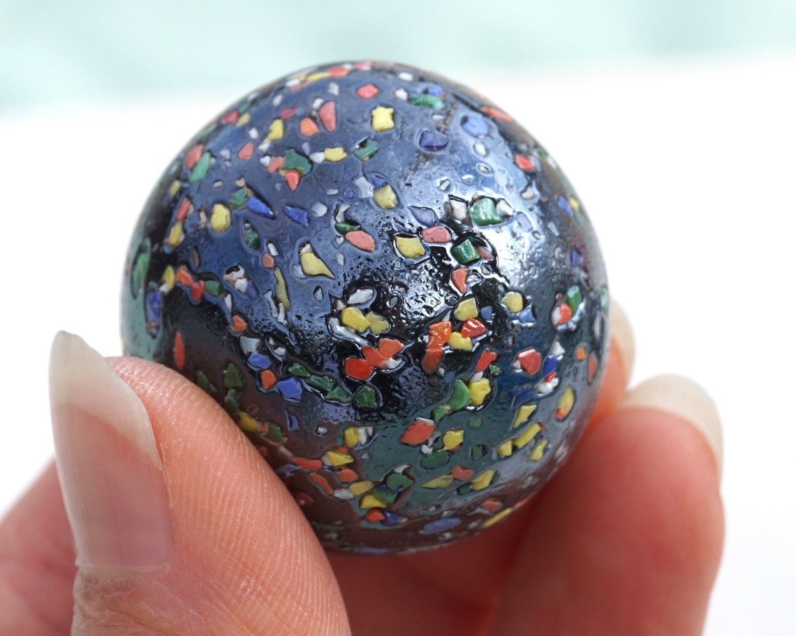 Big Vintage German Glass Marble 36mm Iridescent Black Speckled Marble ...