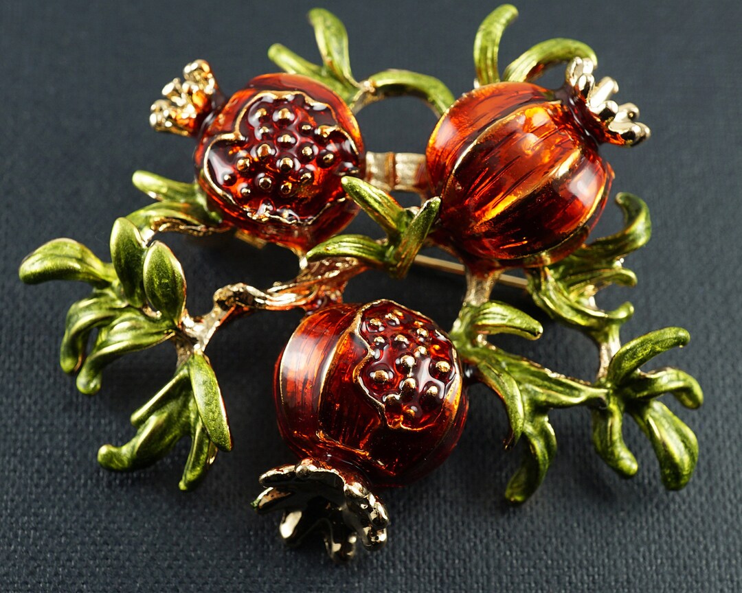 Pomegranate Brooch, Red Enameled Fruit Gold Pin, Green Leaves, Garden ...