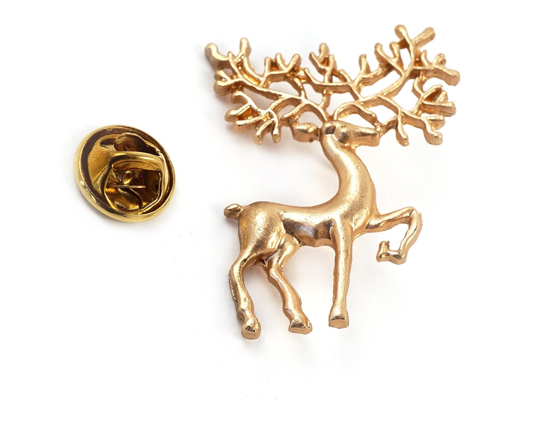 Vintage Elk Brooch, Elk Antlers Lapel Pin for Men, Frosted Matte Gold ...