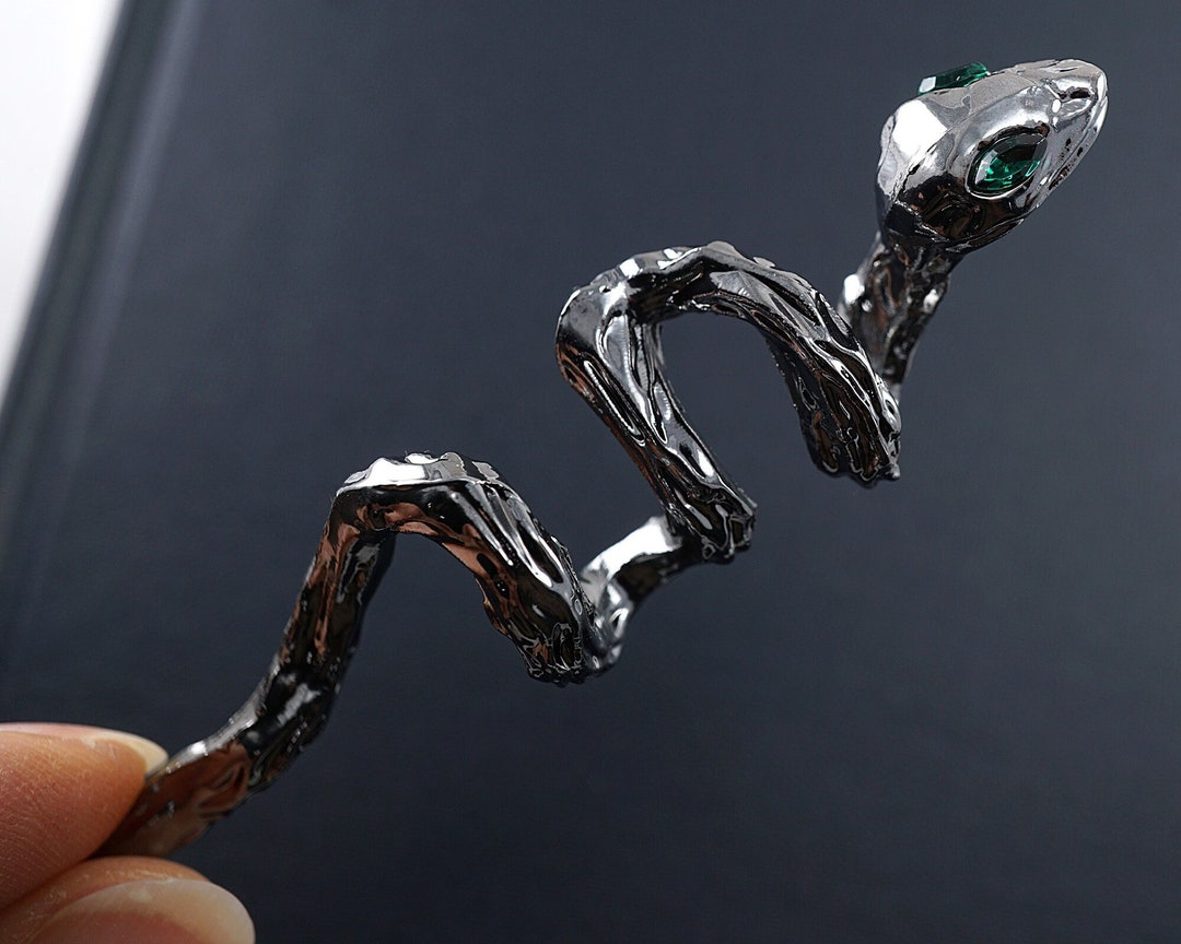 Snake Hair Pin, Silver or Black Gunmetal Hair Stick, Green Rhinestone ...
