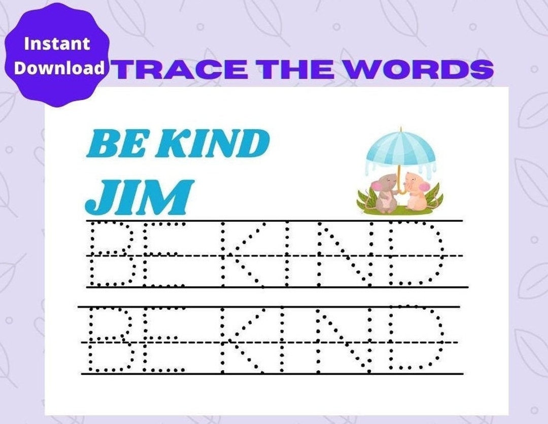 4 Personalized Printable Be Kind Trace the Words Worksheet - Etsy