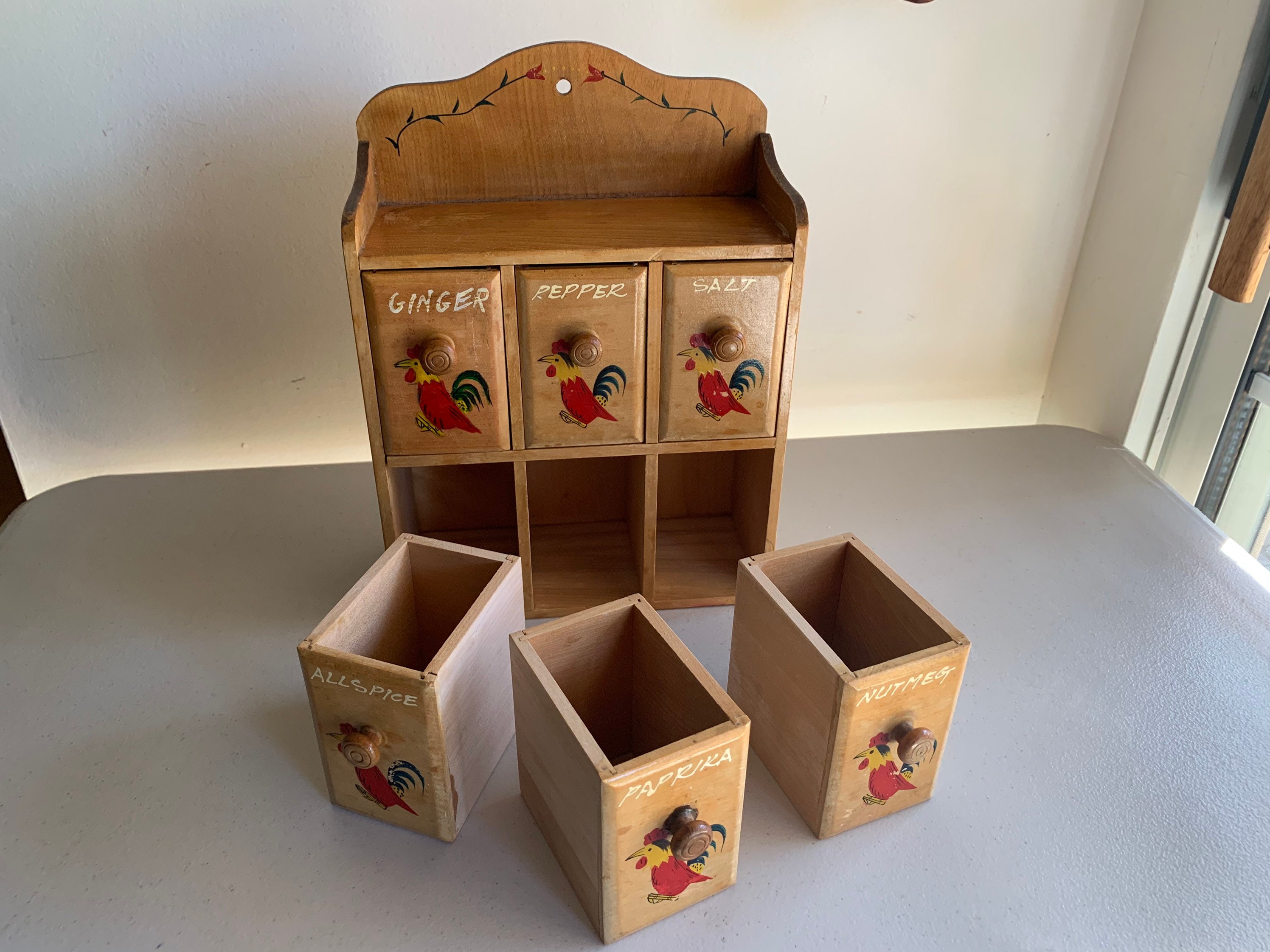 Vintage, Mid Century Hand Made and Hand Painted Wooden Spice Rack With ...