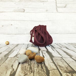 Drawstring Leather Pouch, Coin Purse, Jewelry Bag, Boho Style, Dark Red ...