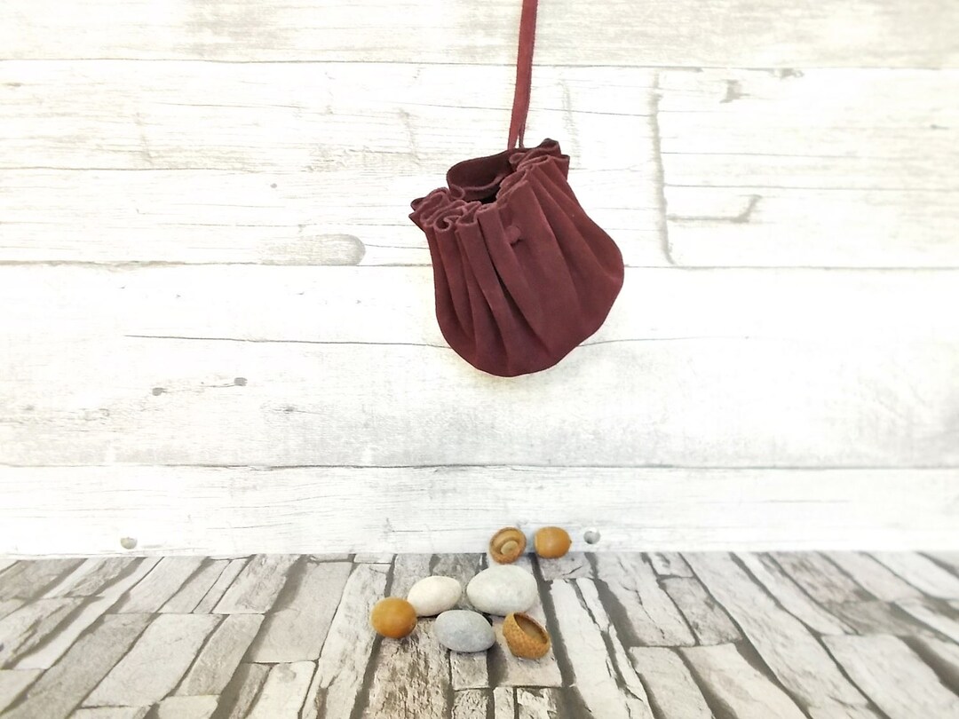 Drawstring Leather Pouch, Coin Purse, Jewelry Bag, Boho Style, Dark Red ...