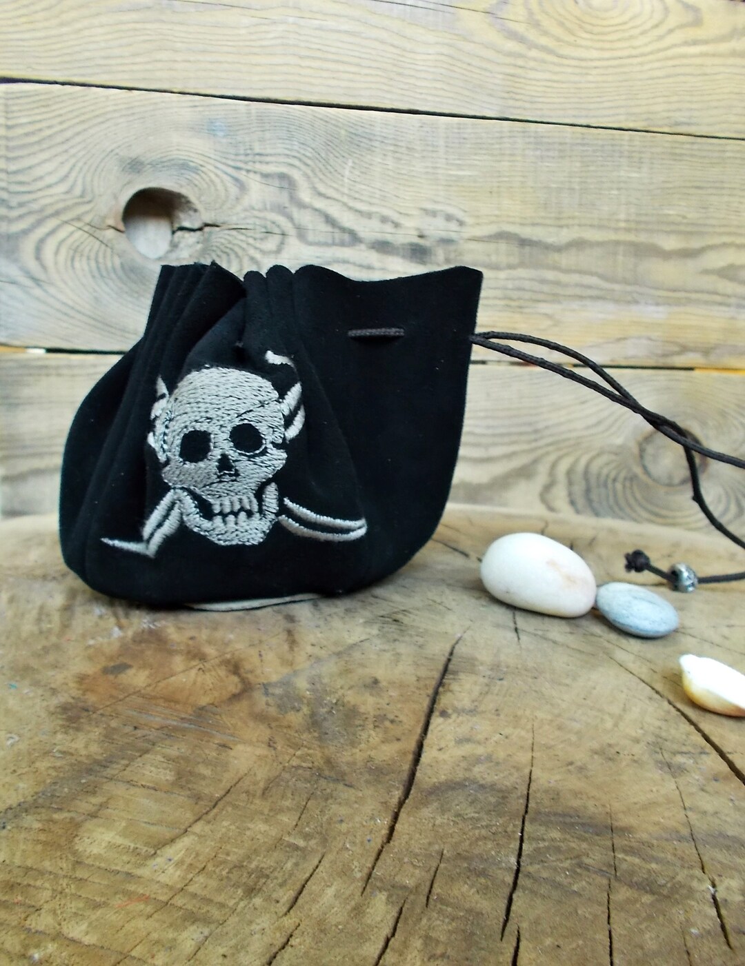 Drawstring Leather Pouch, Coin Purse, Pirate, Black Velvet, Small ...