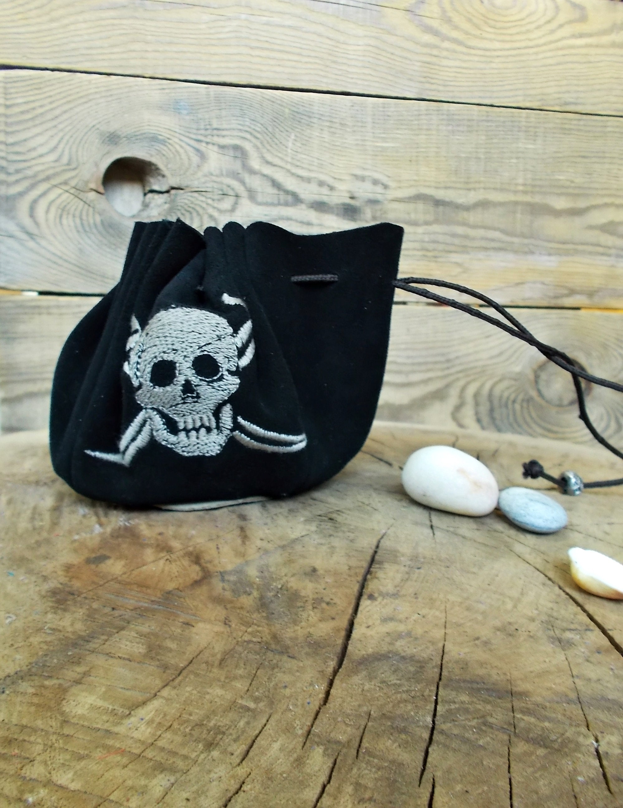 Drawstring Leather Pouch, Coin Purse, Pirate, Black Velvet, Small ...