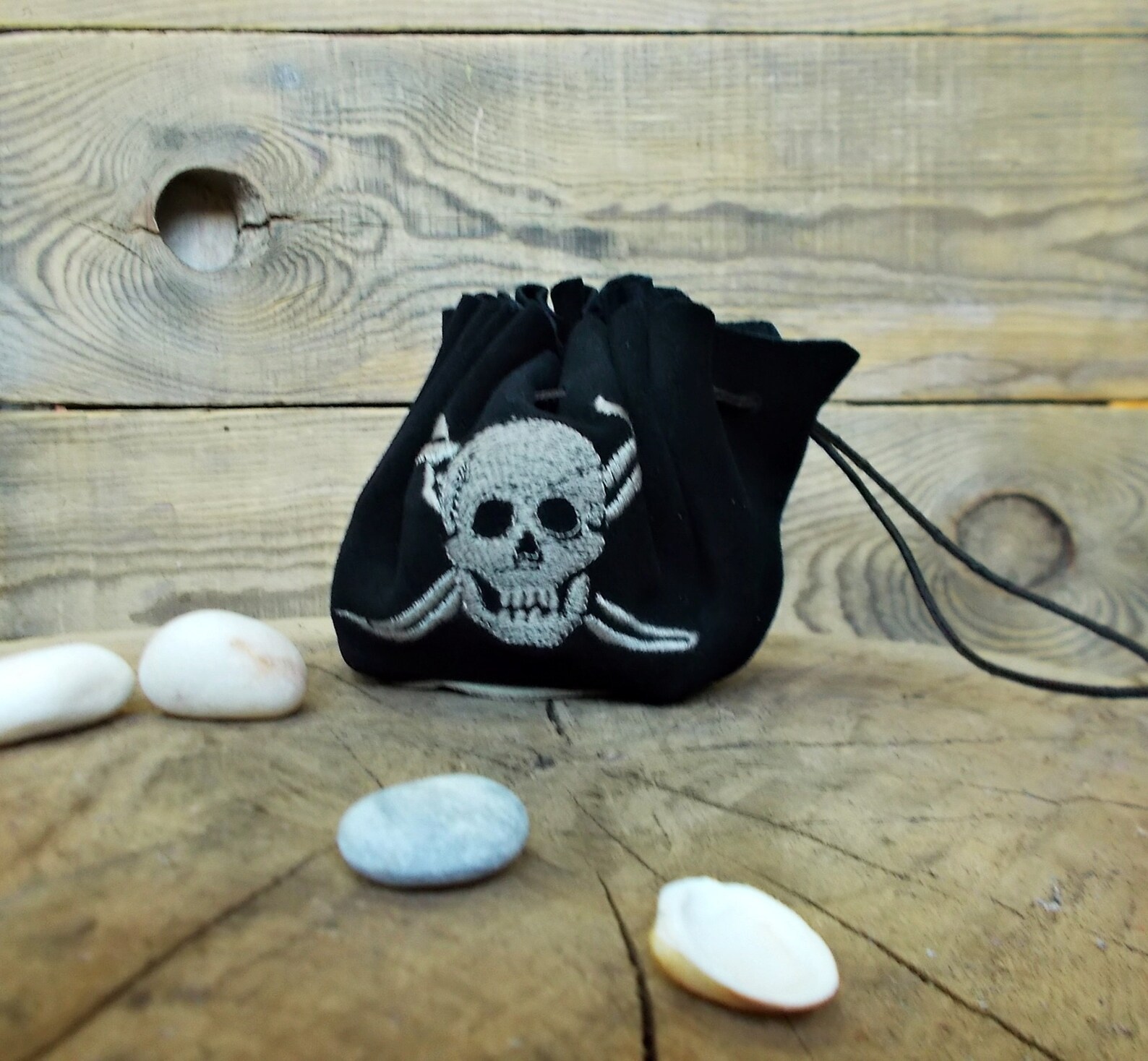 Drawstring Leather Pouch, Coin Purse, Pirate, Black Velvet, Small ...