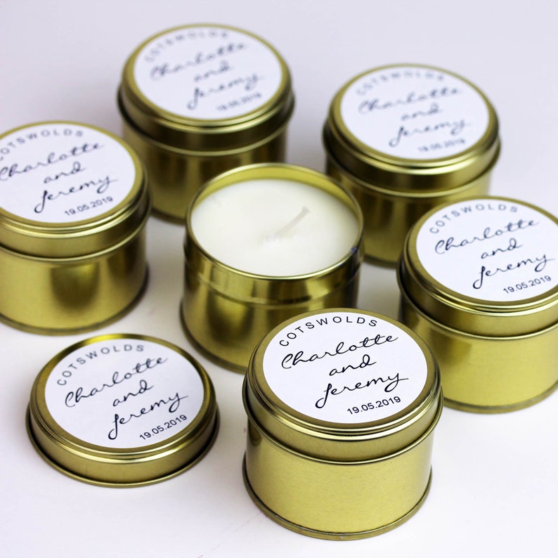 White And Gold Scented Candle Wedding Favours In Gold Tins Etsy