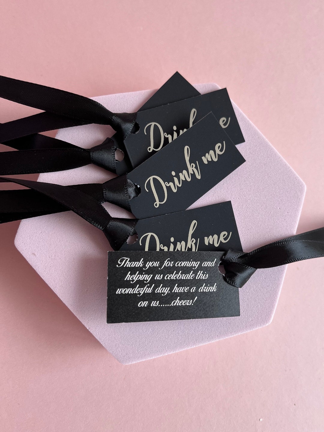10 X Drink Me Tags in Black and Silver With Matching Satin Ribbon ...