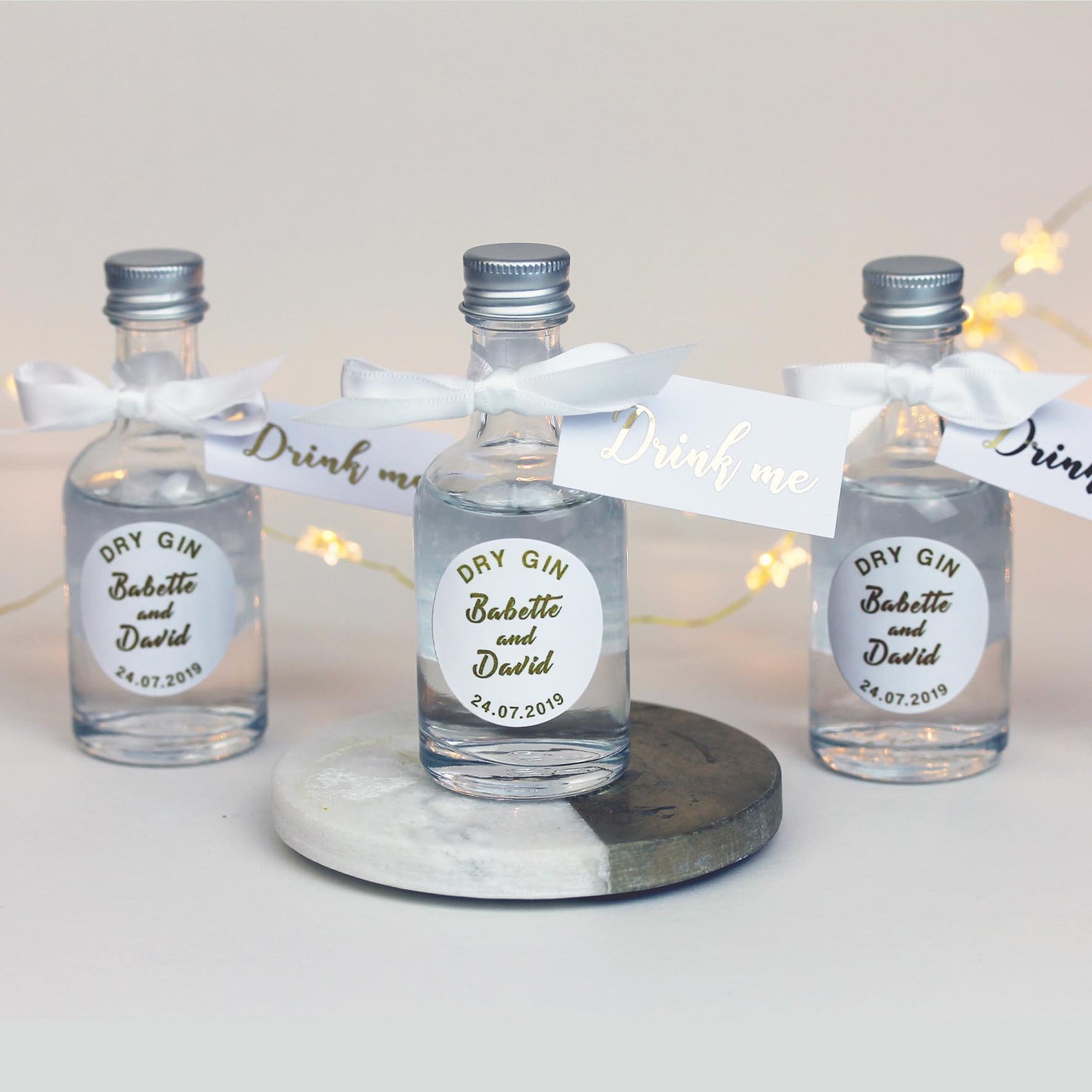 White and Gold Wedding Favours for Gin, Miniature Bottles With Ribbon ...