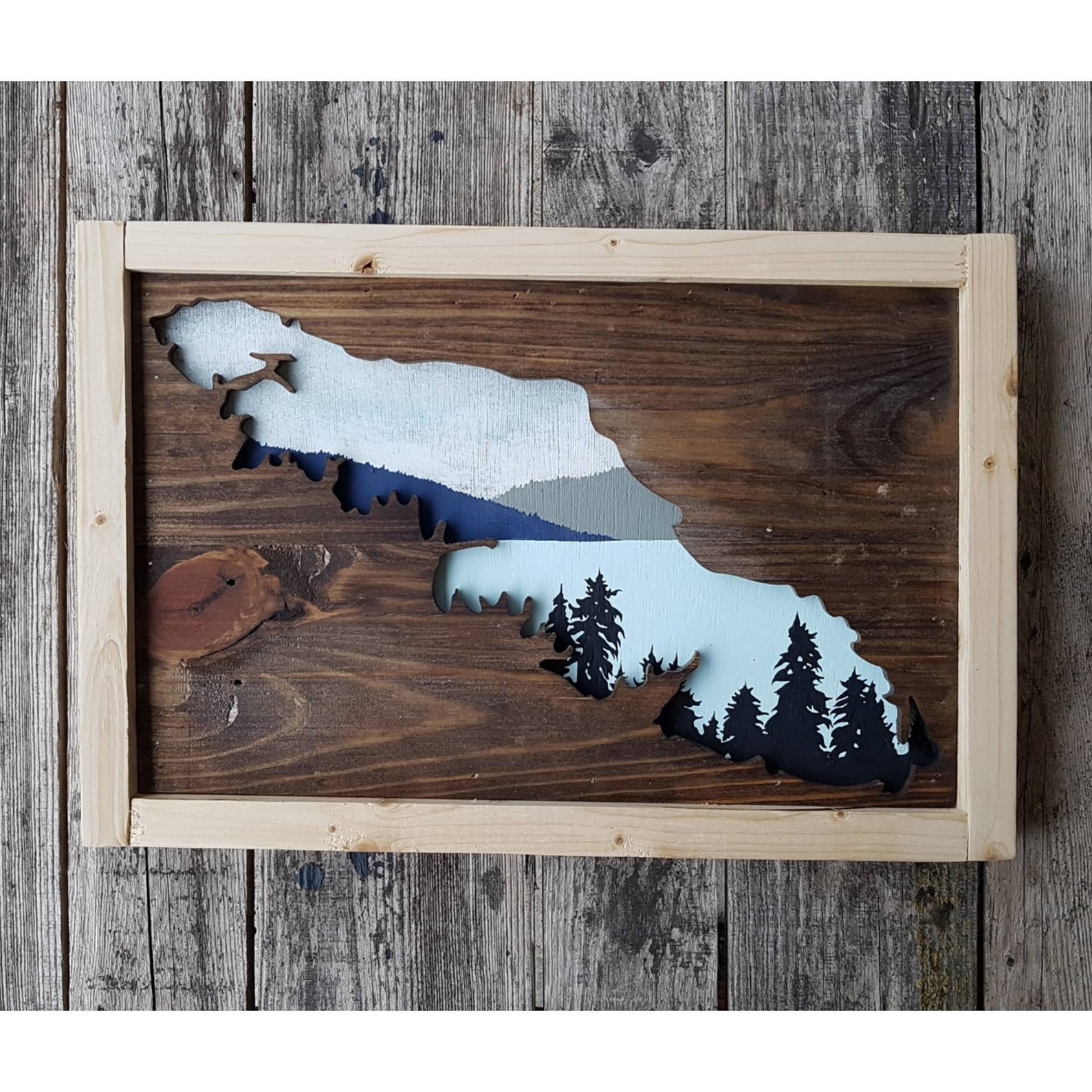 Mountains Treeline Wood Painted Scroll Saw Lake Ocean Cloudy - Etsy
