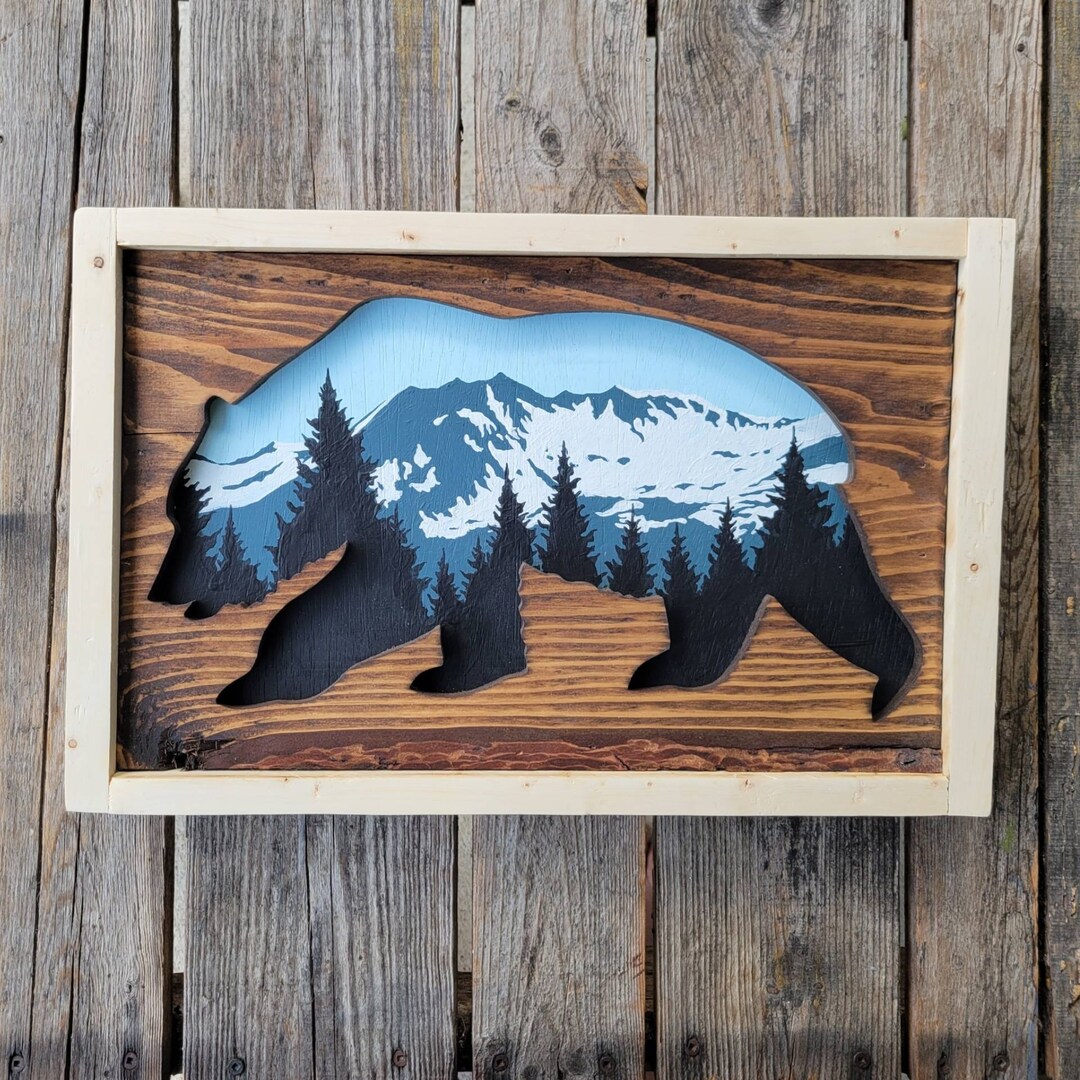 Grizzly Bear Wood Art: Alaskan Mountain Scene, Hand-painted - Etsy