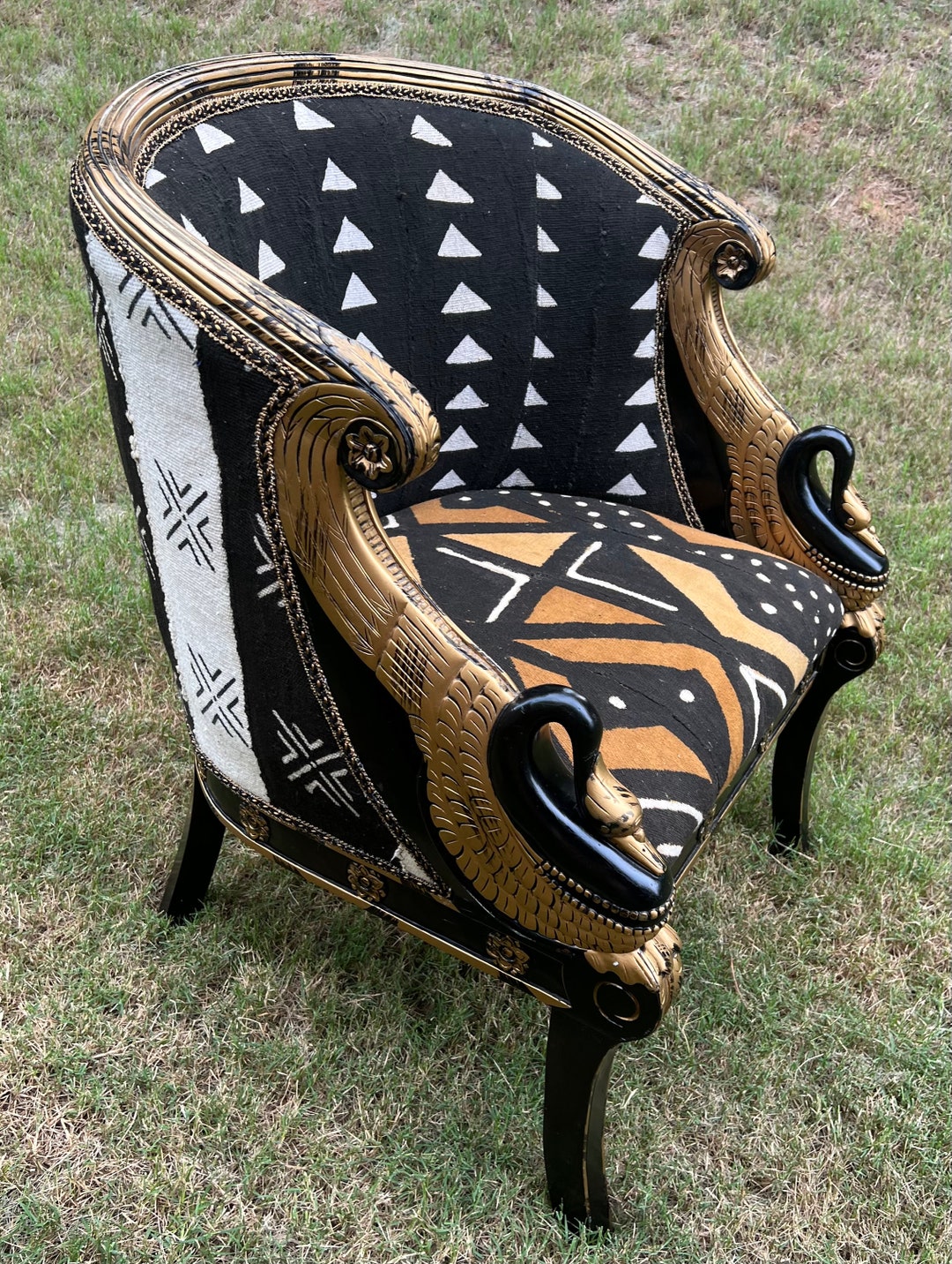 French Empire African Inspired Mudcloth Bogolan Reupholstered-barrel ...