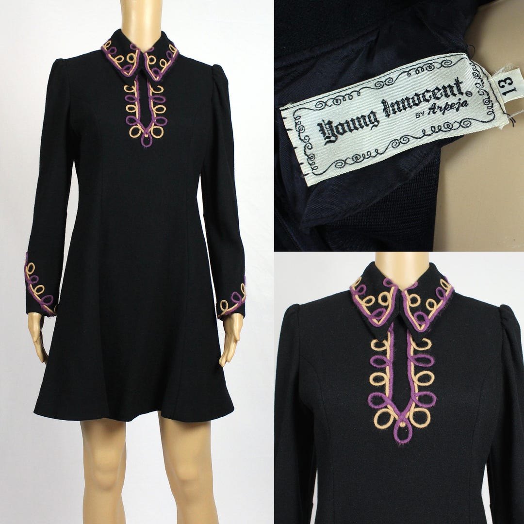 Vintage 1960s/60s Black Wool Angora Trim Puff Shoulder Mini Dress 1970s ...
