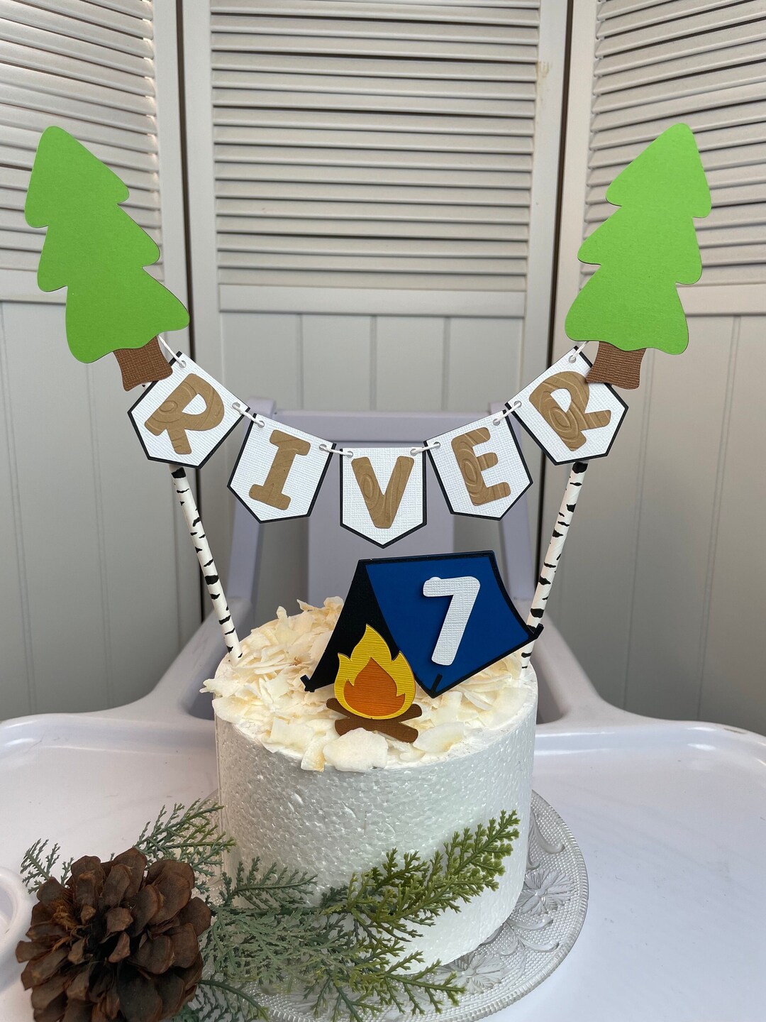 Personalize Name + Age. Camping Cake Topper W/ Birch Straws. Tent ...