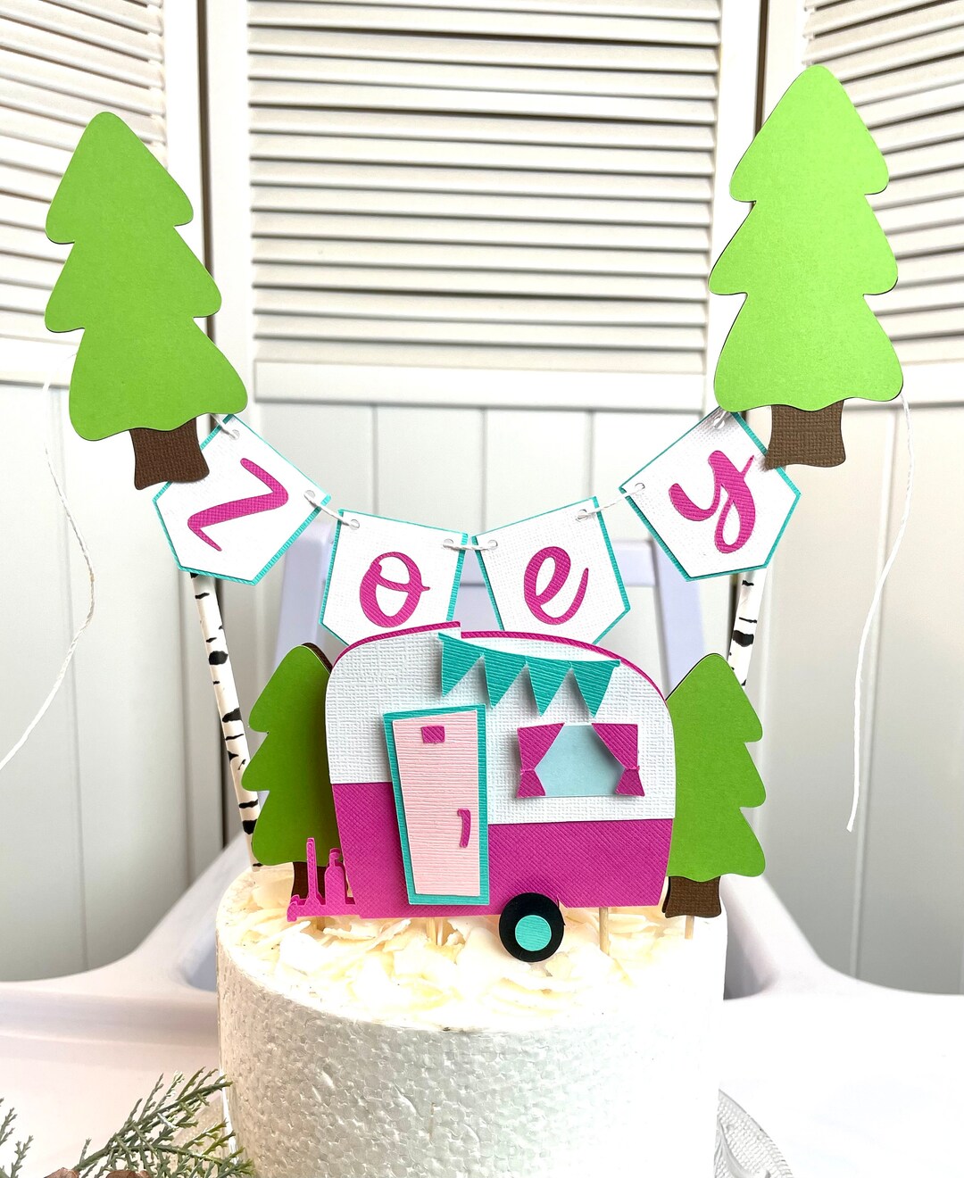 Personalize Name and Color! Glamping Trailer W/ Birch Tree Paper Straws. Glamping Cake Topper ...