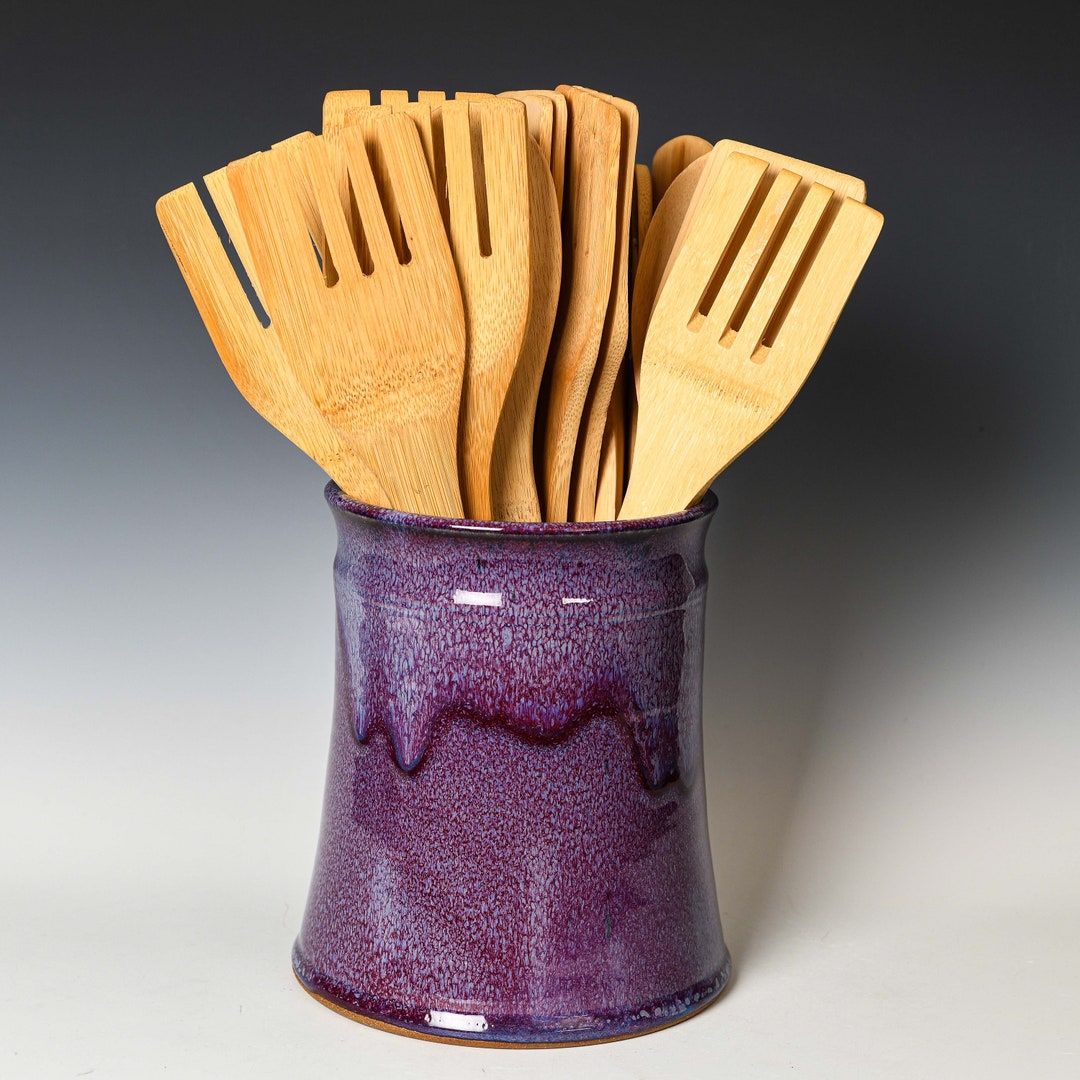 Ceramic Utensil Holder in Purple Glaze, Stoneware Kitchen Organizer ...