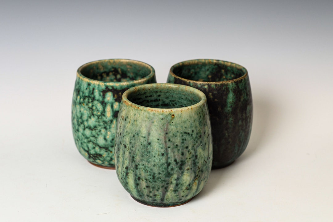 Stemless Wine Glass in Green Glaze, Ceramic Whiskey Goblet, Handmade ...