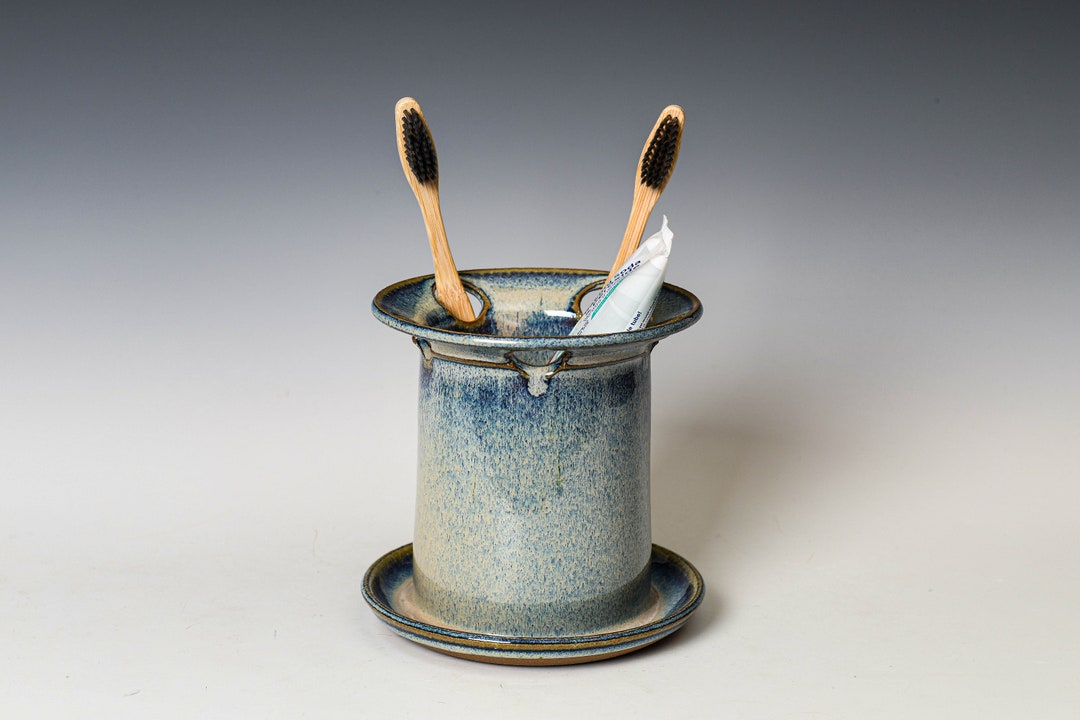 Toothbrush Holder in Blue Glaze, Ceramic Toothpaste Cup, Handmade ...