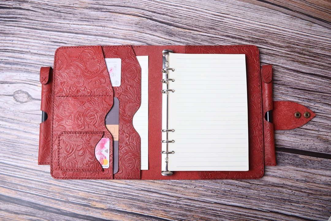 6 Rings Red Embossed Leather Size A5 / A6 / A7 Closure Travelers ...