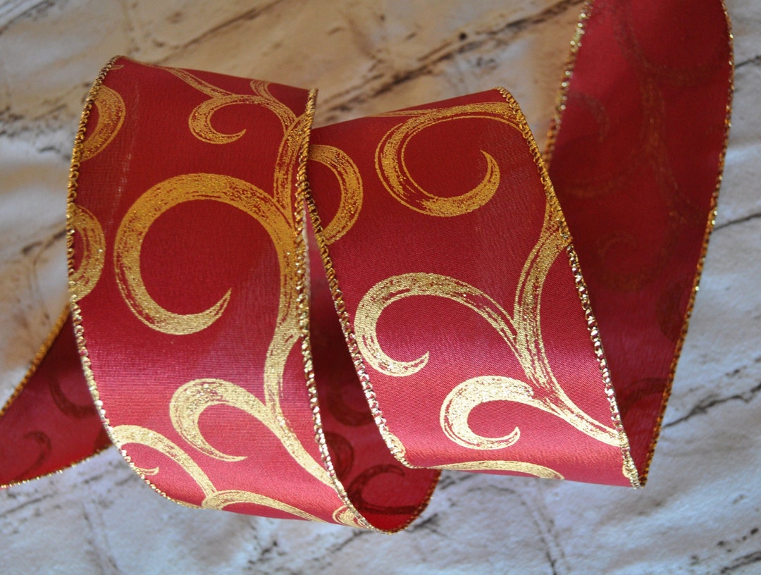 5 Yds Dark Red Ribbon With Glittery Gold Scalloped Design for Christmas ...