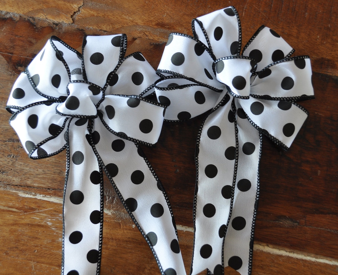 2 Small White and Black Polka Dot Bows for Gift Packages, Wreaths, Swags, Door Hangers ...