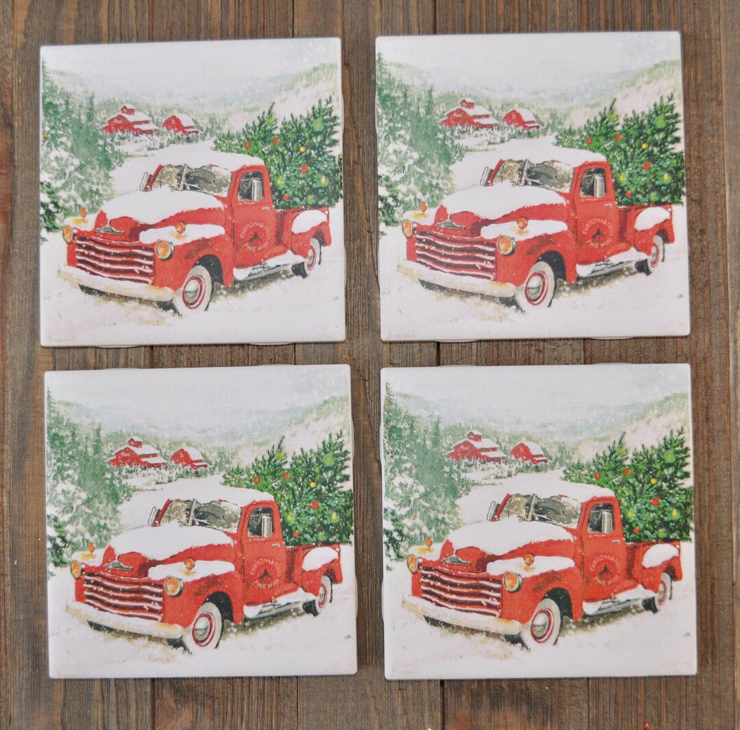 Set of Four 4 Inch Tile Coasters Sublimated With a Cheerful Vintage Red ...
