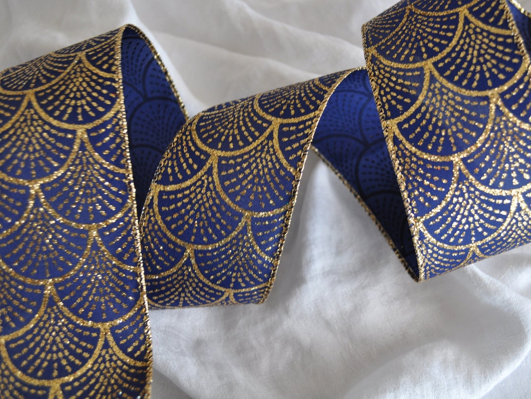 5 Yds Navy Blue With Glitter Gold Patterns Ribbon for Door Hangers ...