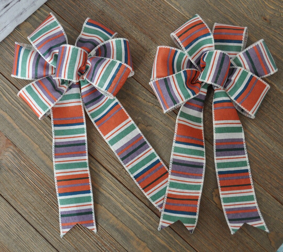 2 Small Coral, Green, Purple, & White Striped Bows for Gift Packages ...