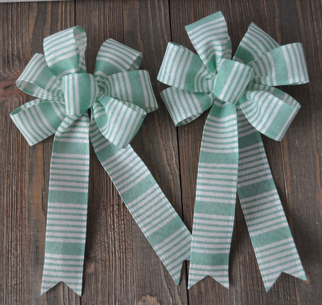 2 Small Light Green & White Striped Bows for Gift Packages, Spring ...