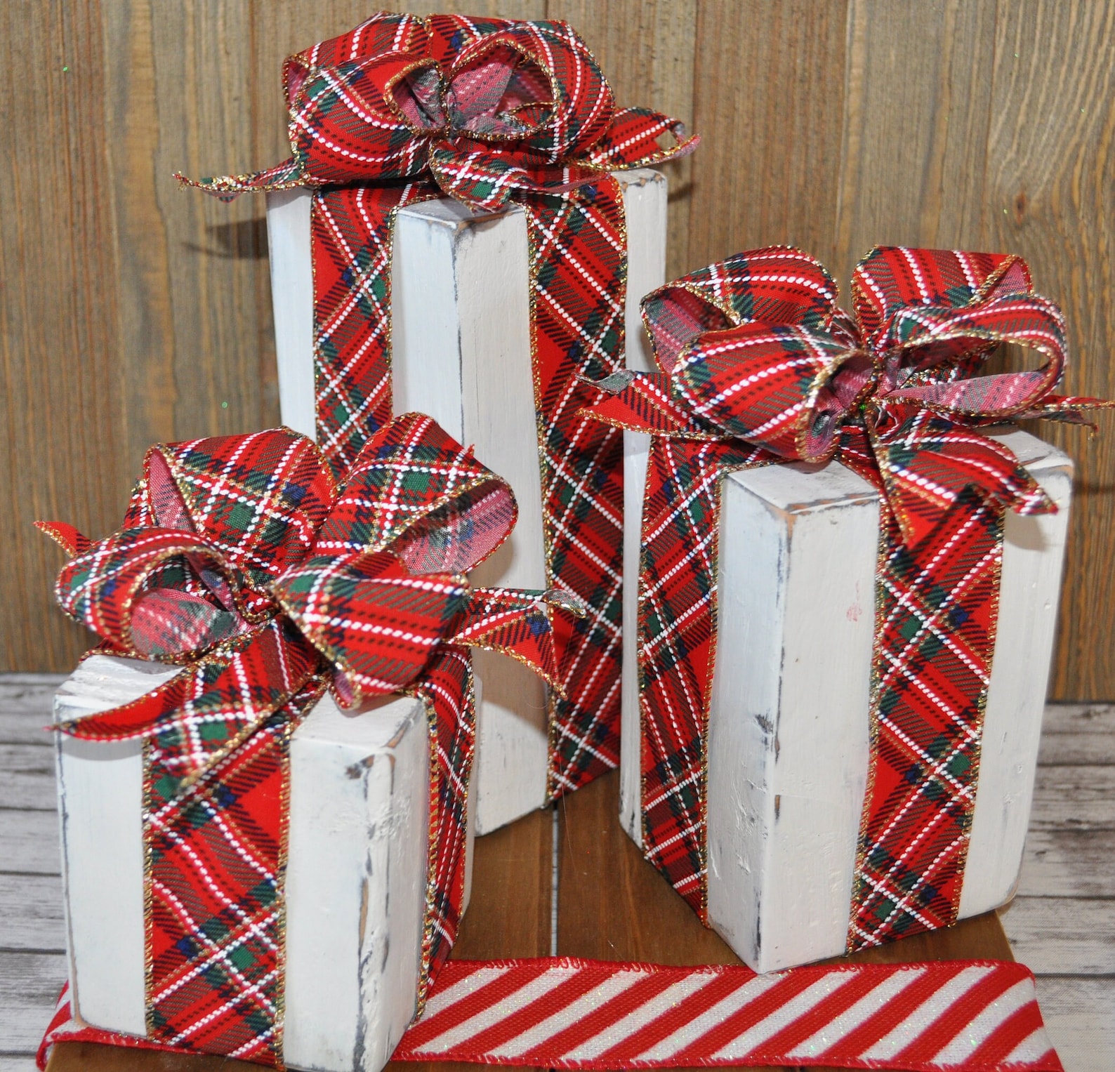 Set of Three Distressed White Wooden Christmas Packages With Red Plaid ...