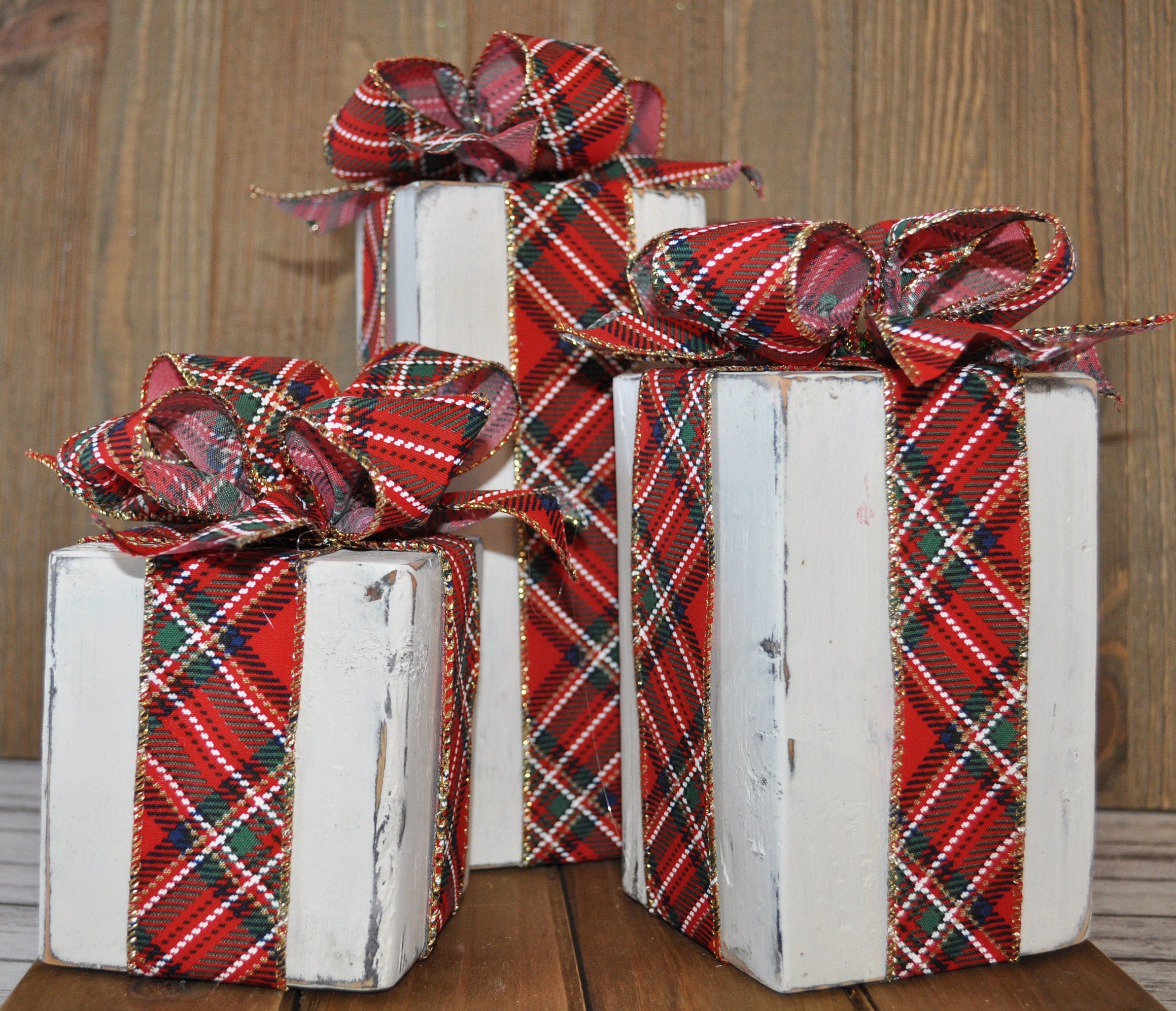 Set of Three Distressed White Wooden Christmas Packages With Red Plaid ...