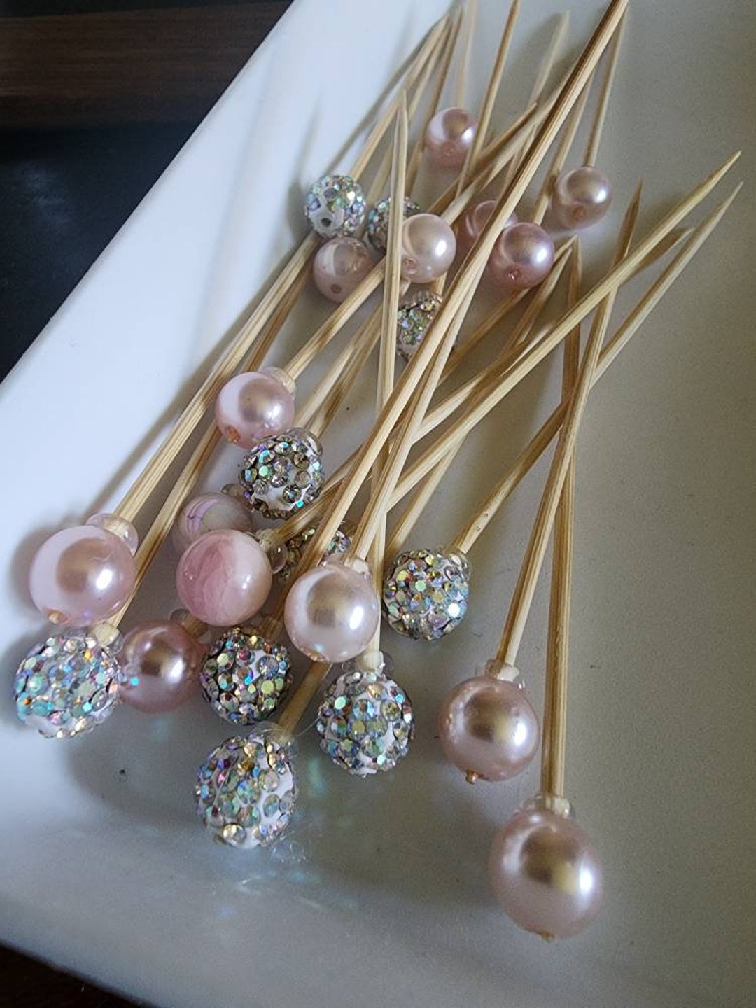 Pale Pink Beaded Cocktail Picks, Iridescent Appetizer Skewers (set of ...