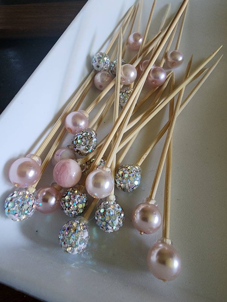 Pale Pink Beaded Cocktail Picks, Iridescent Appetizer Skewers (set of ...