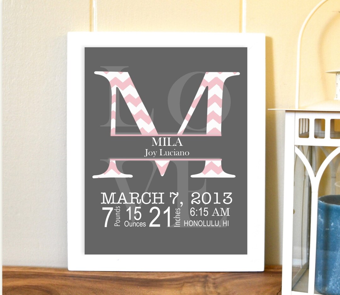 Monogram Letter, Nursery Art, Birth Details, Baby Girl Nursery, Pink ...