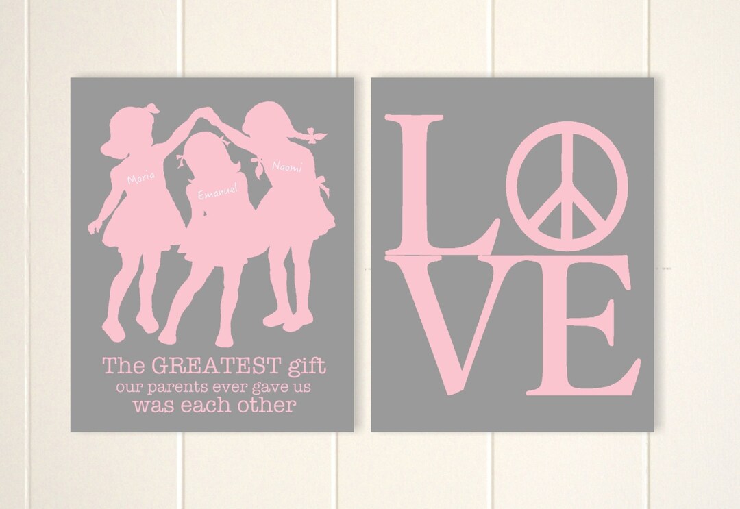 Three Sisters Wall Art, Love Peace Sign, Sisters Shared Room, Gift for ...