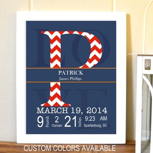Baby Boy Nursery, Monogram Letter, Nursery Art, Birth Details, Chevron ...