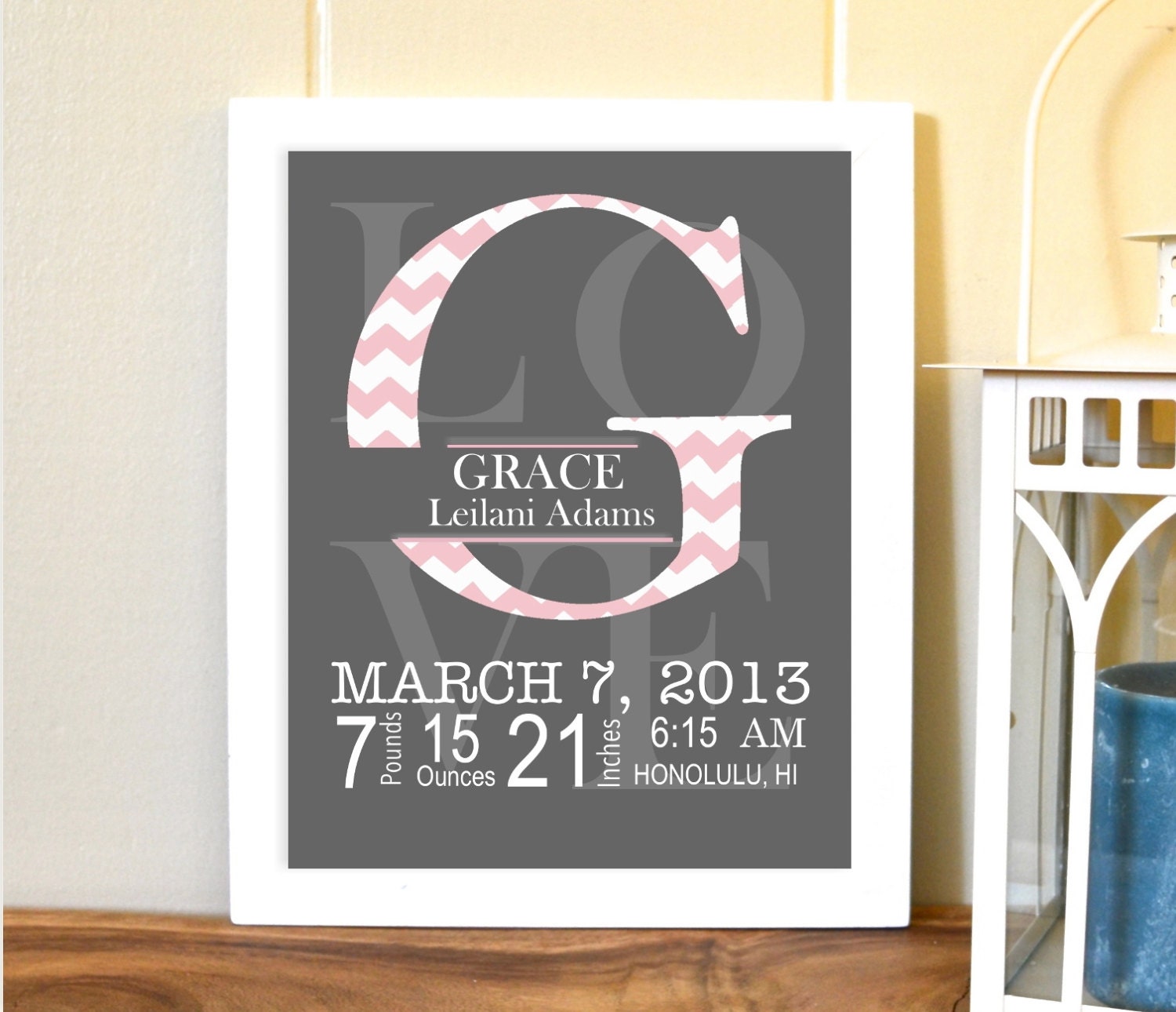 Monogram Letter, Nursery Art, Birth Details, Baby Girl Nursery, Pink ...