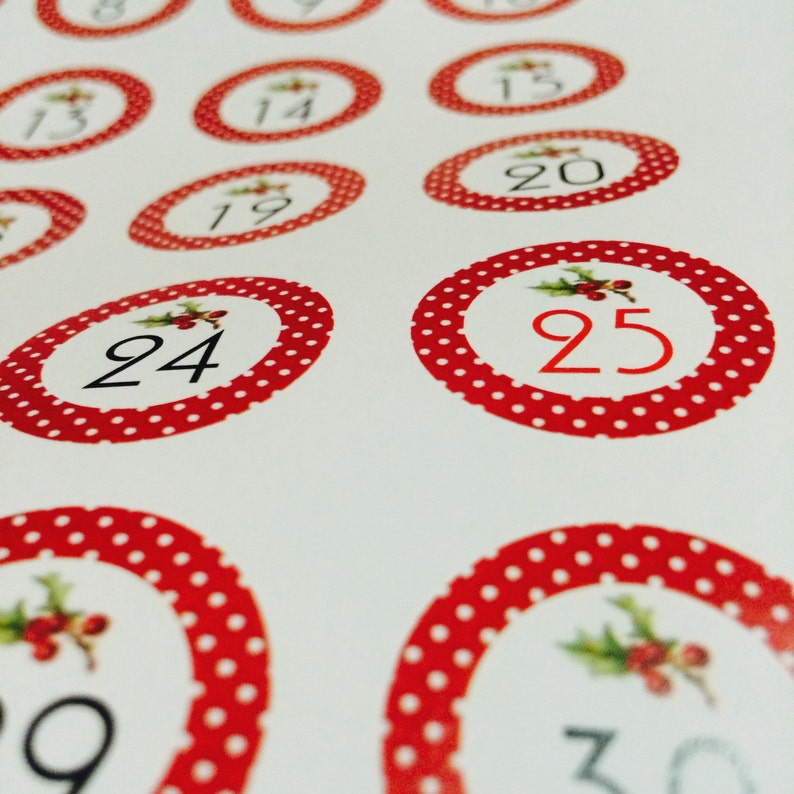 Christmas 1 Circle Numbers 1-31: Red Polkadot With Holly series 3 - Etsy