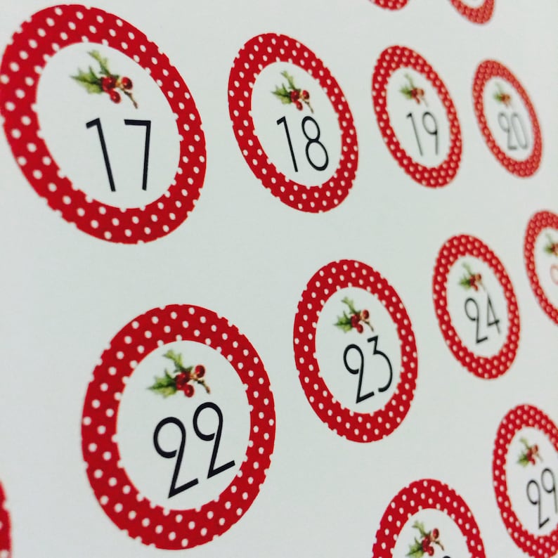Christmas 1 Circle Numbers 1-31: Red Polkadot With Holly series 3 - Etsy