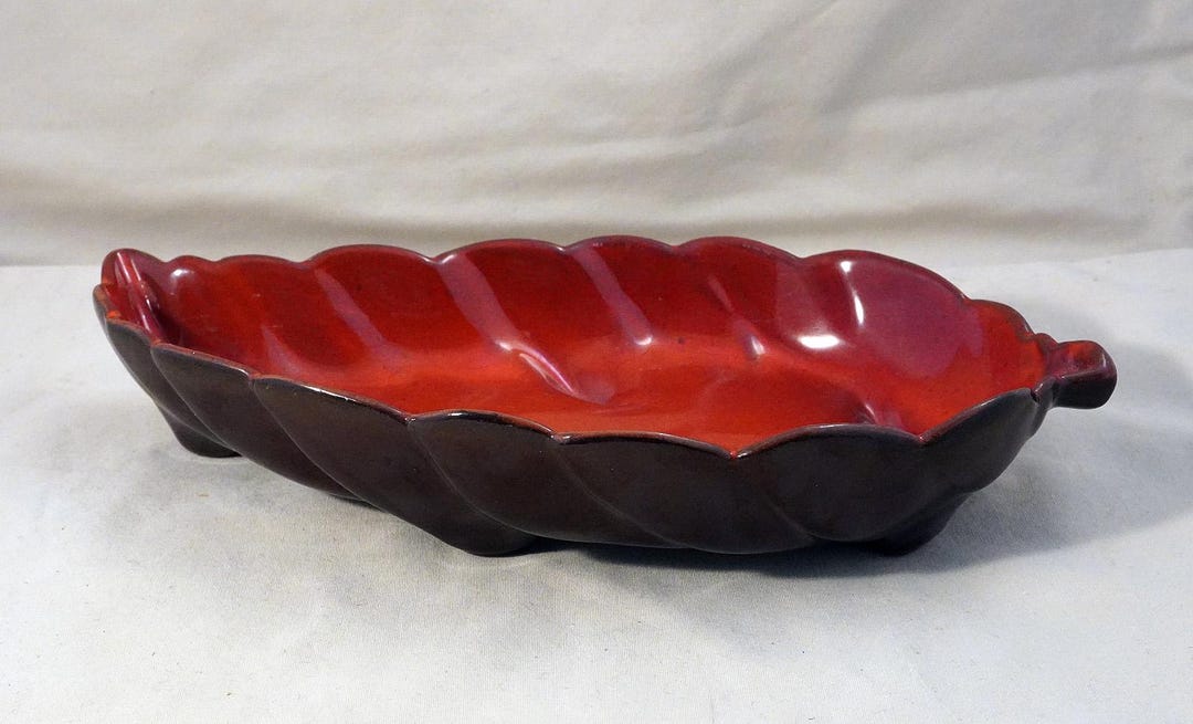 Vintage Mid Century Frankoma Pottery 9 Flame Red on Brown Glaze Leaf ...
