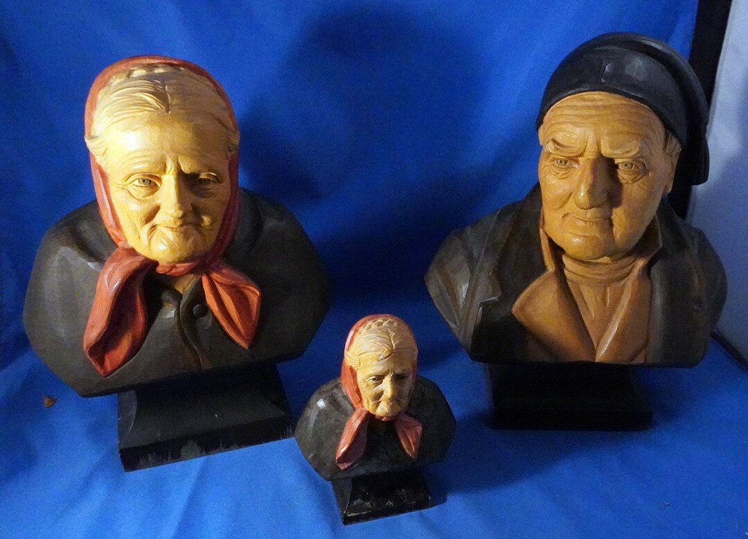 Vintage Swiss Hans Huggler Wyss Hand Carved Wood Bust Old Man & Woman ...