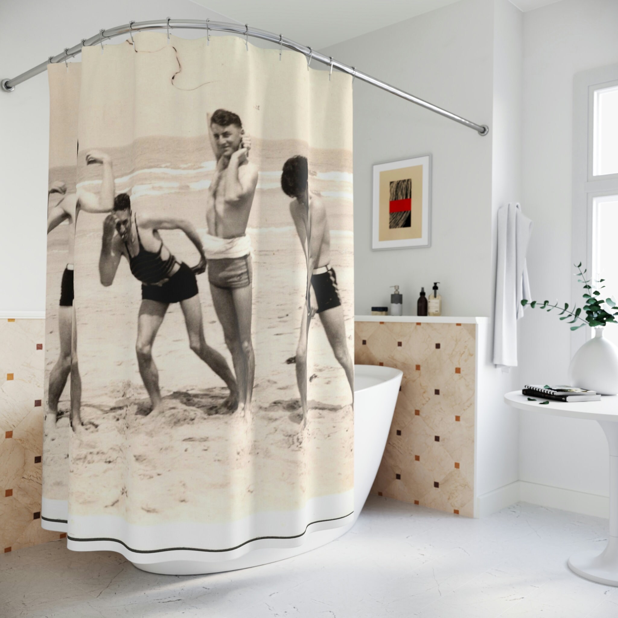Young Men Bathing Suits on the Beach House Decor Polyester Shower ...