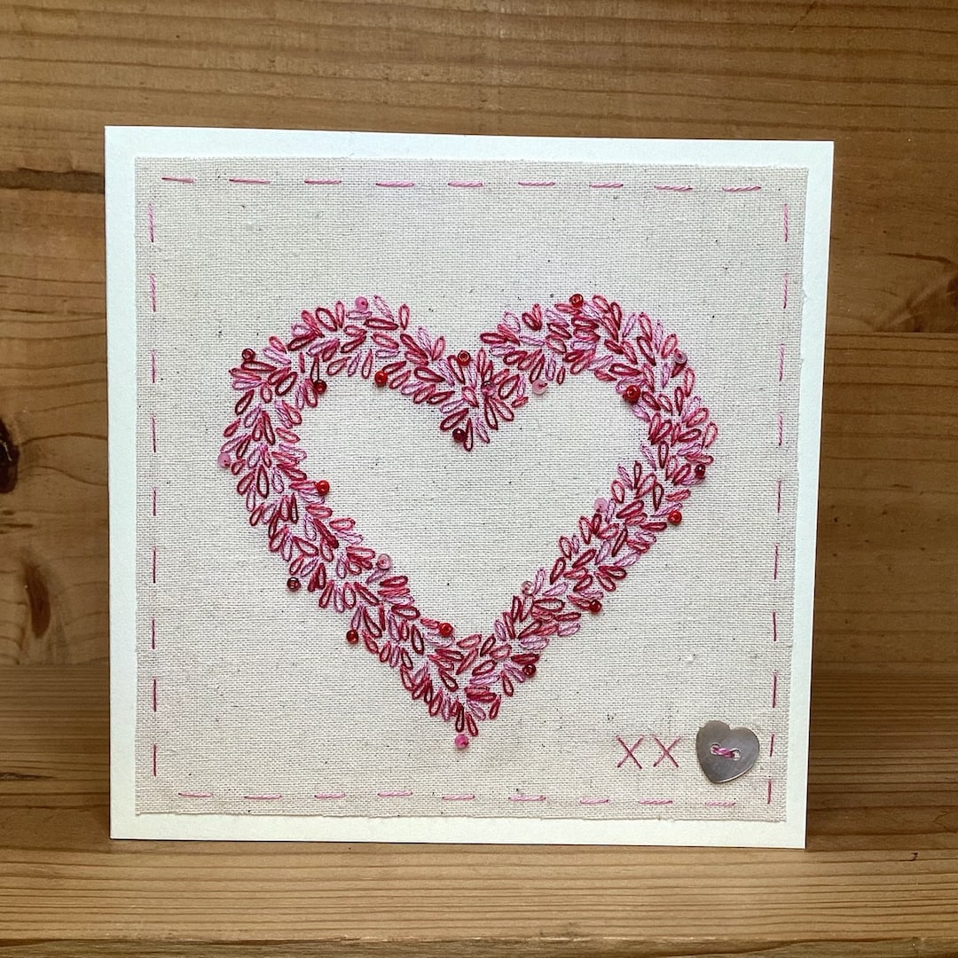 Beaded Valentine Heart Hand Embroidered Card - Etsy
