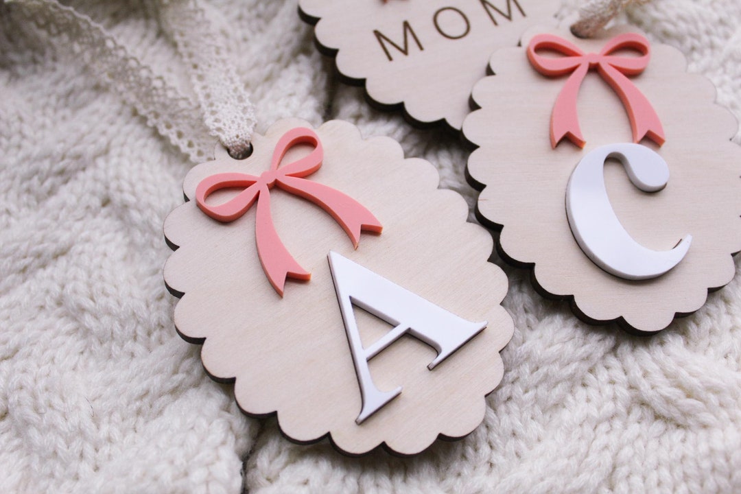 Scalloped Initial Ornament, Coquette Stocking Tag, Personalized Name Ornament, Christmas Bow ...