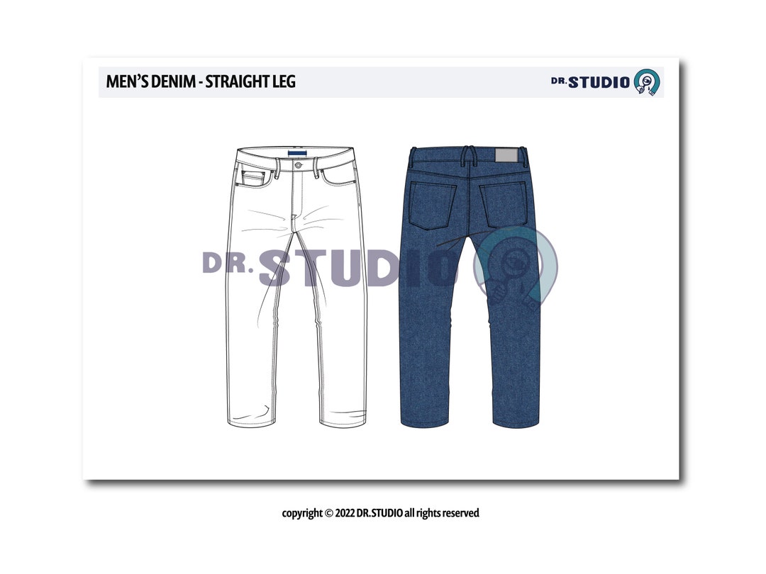 Mens STRAIGHT Leg Denim Jean CAD, Sketch, Fashion Flat, Digital ...