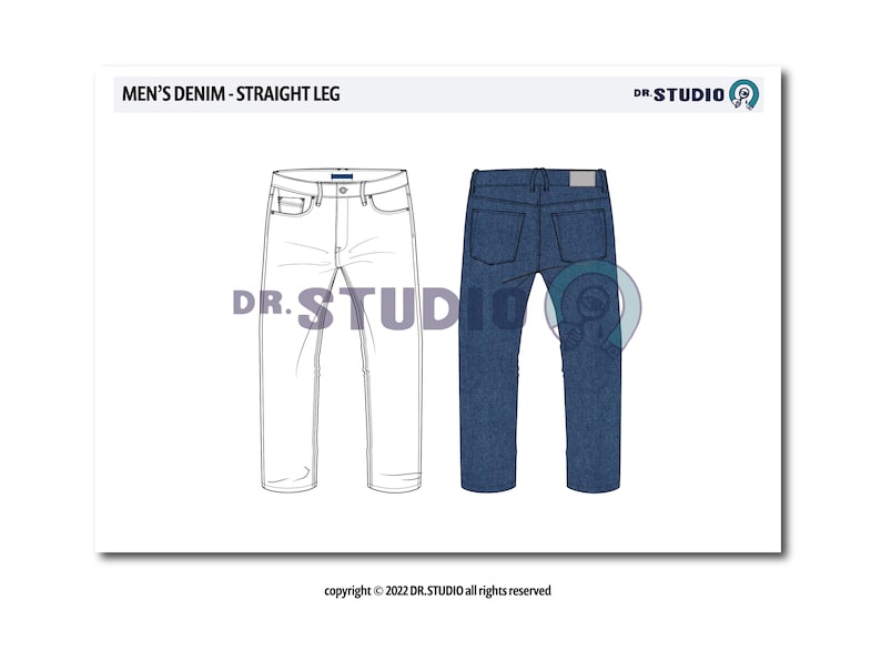 Mens STRAIGHT Leg Denim Jean CAD, Sketch, Fashion Flat, Digital ...